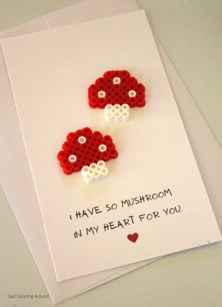 Mushroom Perler Bead Pun Card - Quit Spooling Around